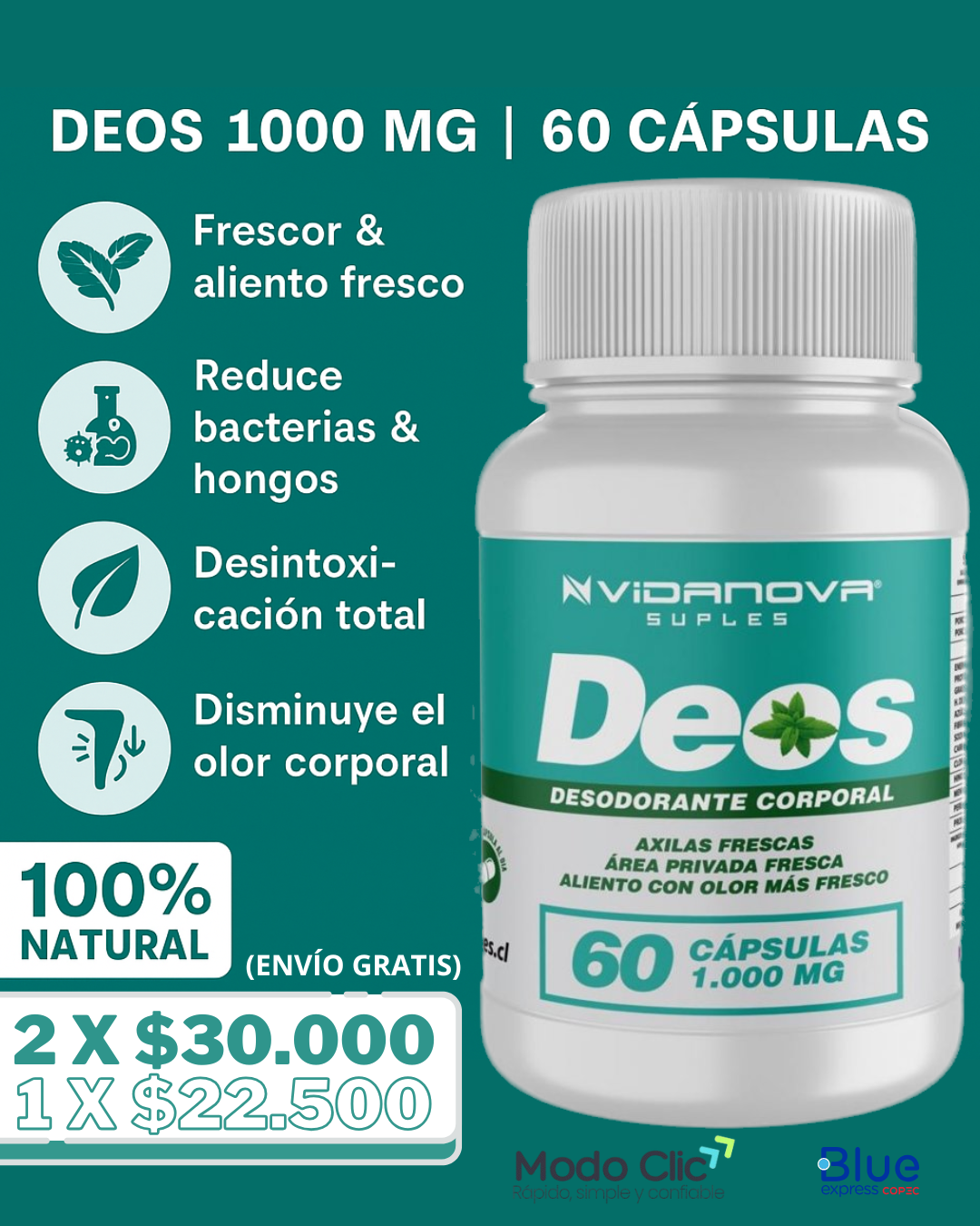 🌿 DEOS 1000mg | 60 cápsulas – Modo Clic Chile